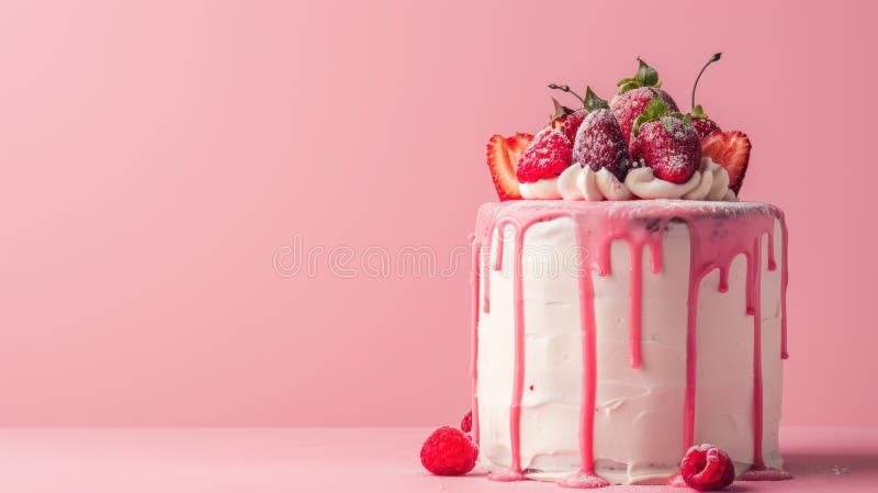 Elegant Strawberry Cake with Pink Icing on Pastel Background. Stock ...