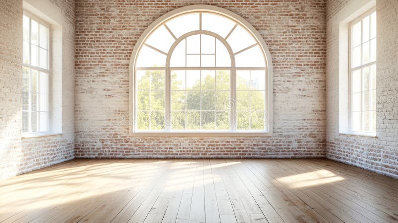 Elegant Studio Space with High Arched Windows and Exposed Brick Wall ...