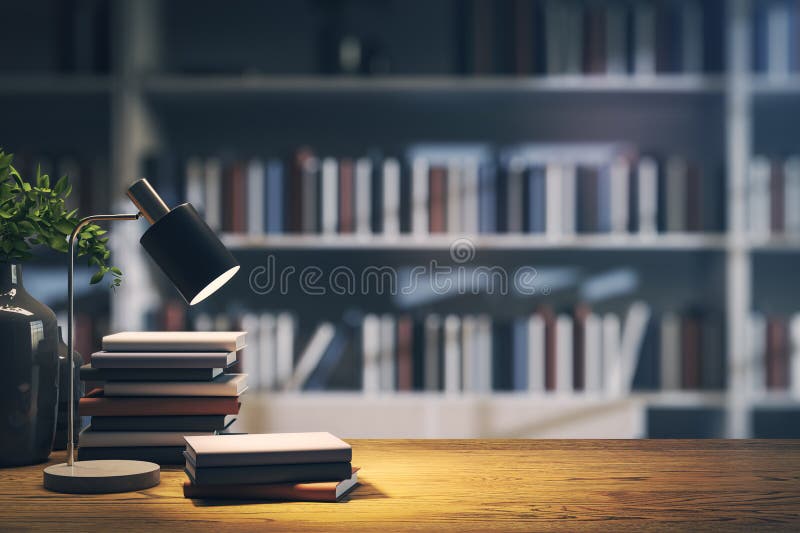Elegant Study Area with Open Book and Lamp on Table, Library Background ...