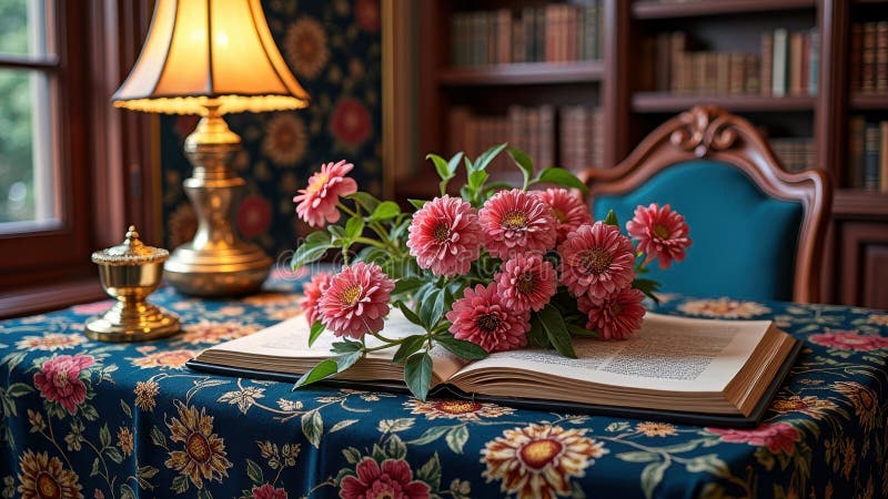 Elegant Study with Pink Flowers on Open Book and Vintage Lamp in Cozy ...