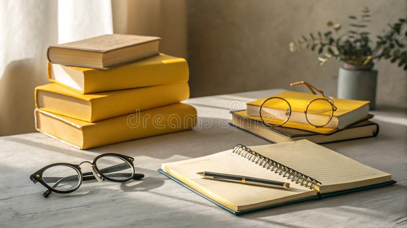 Elegant Study Setting with Notebooks and Glasses in Sunlit Room Stock ...