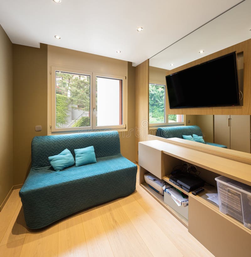 Elegant Study with Sofa, Window and Television Stock Image - Image of ...