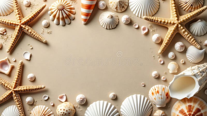 Elegant Summer Beach Background, Seashells and Starfish Border on Beige ...