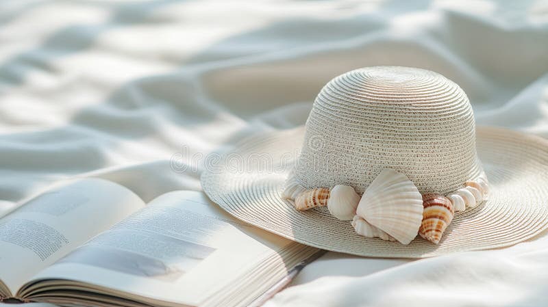 Elegant Sun Hat with a Seashell Band, Placed beside a Beach Novel on a ...
