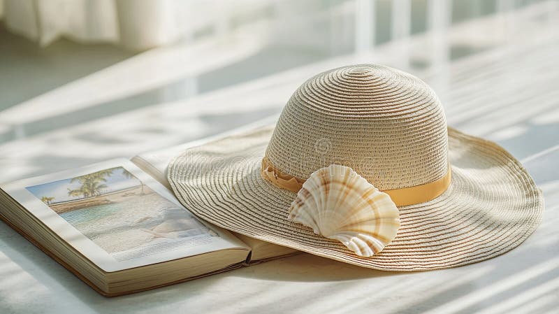 Elegant Sun Hat with a Seashell Band, Placed beside a Beach Novel on a ...