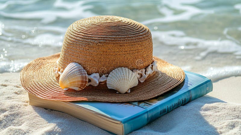 Elegant Sun Hat with a Seashell Band, Placed beside a Beach Novel on a ...