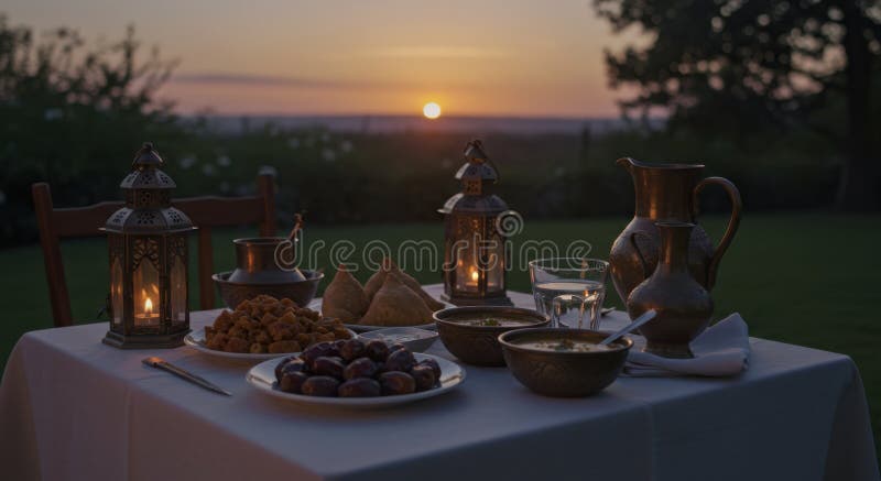 Elegant Sunset Dinner Table with Lanterns and Traditional Dishes ...