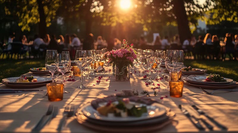 Elegant Sunset Garden Party Table Setting Stock Photo - Image of table ...
