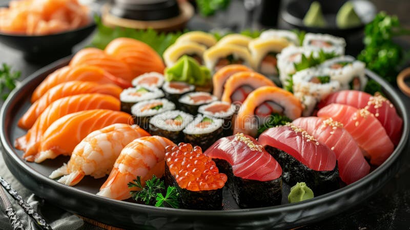 Elegant Sushi Platter with Assorted Nigiri and Sashimi Stock Photo ...