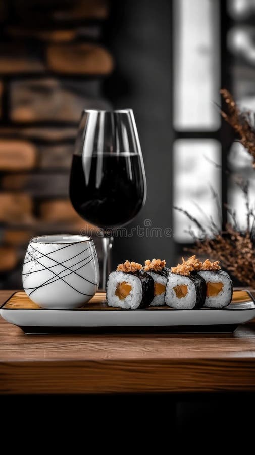 Elegant Sushi Platter with Wine and Tea in Cozy Dining Setting Stock ...