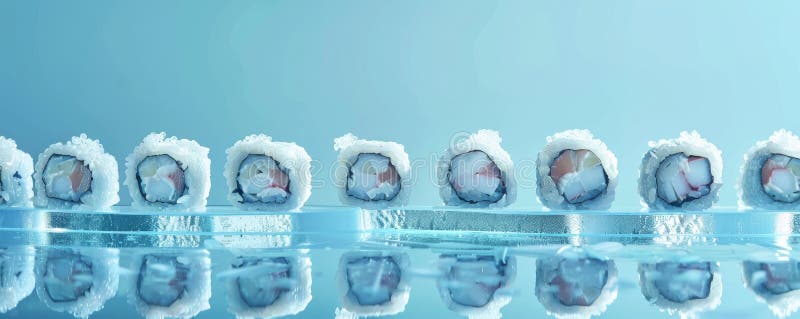 Elegant Sushi Row with Reflection on Cool Blue Background Stock Photo ...