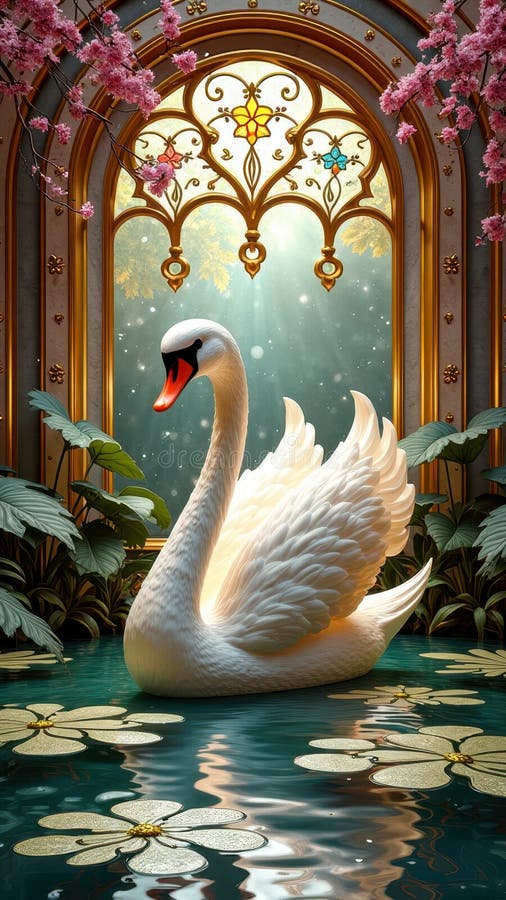 Elegant Swan in Serene Ornate Pond with Sunlit Window and Blossoms ...