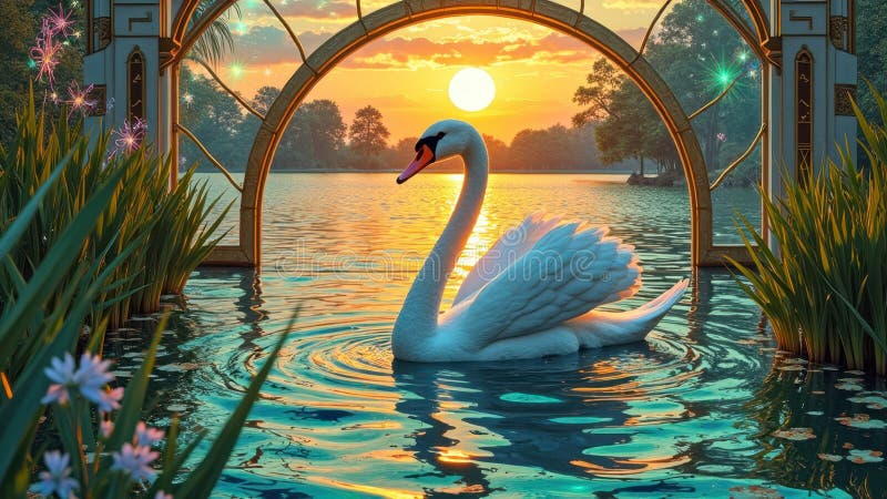 Elegant Swan at Sunset Under Golden Arch in Serene Lake Setting Stock ...