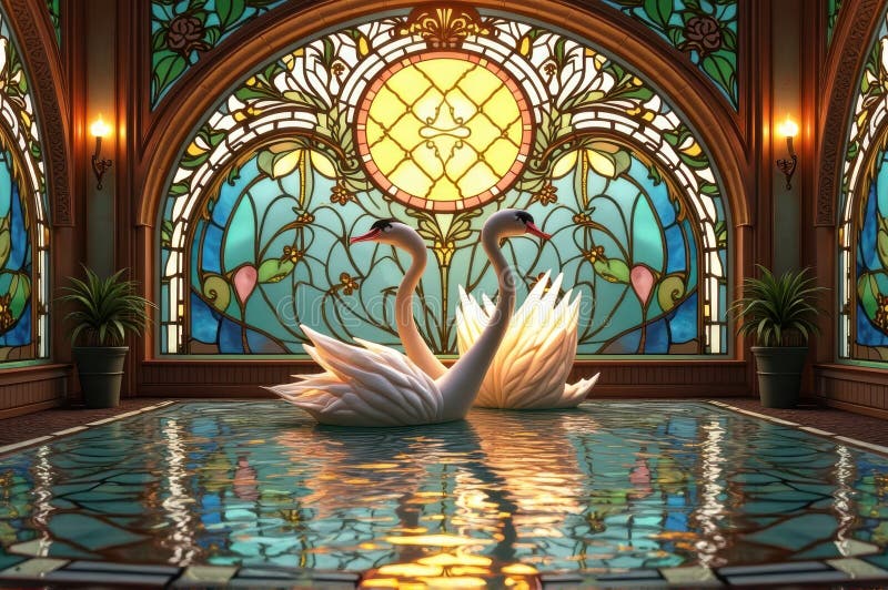 Elegant Swans in Ornate Stained Glass Room with Water Reflection Stock ...