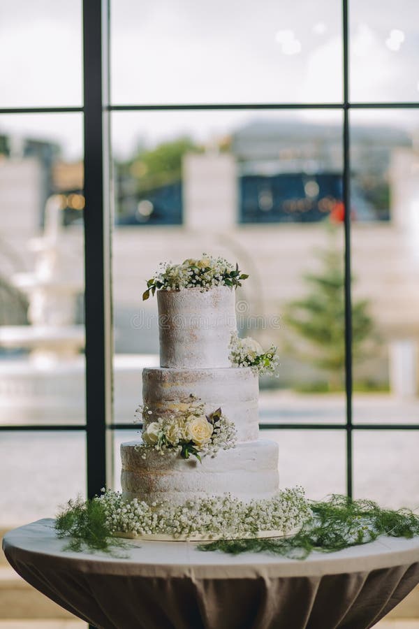 Elegant Sweet White Engagement Cake in Front of the Modern Windows ...