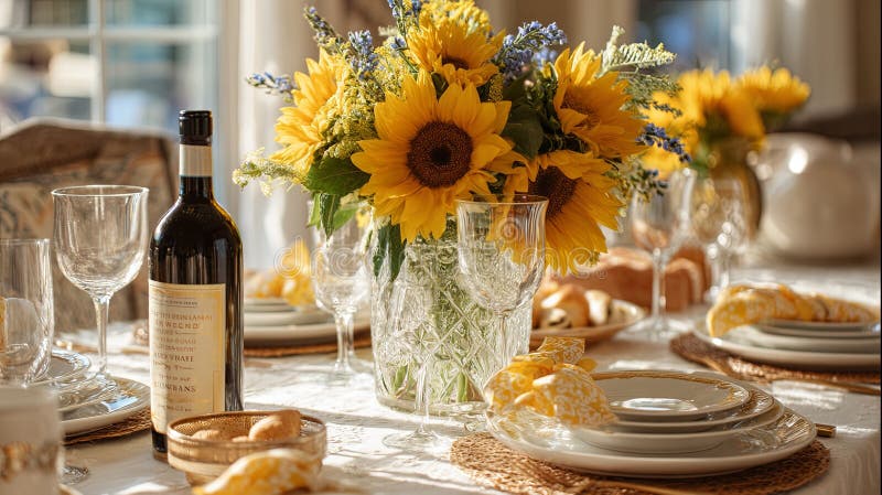 Juneteenth Table Setting with Sunflowers and Wine Stock Image - Image ...
