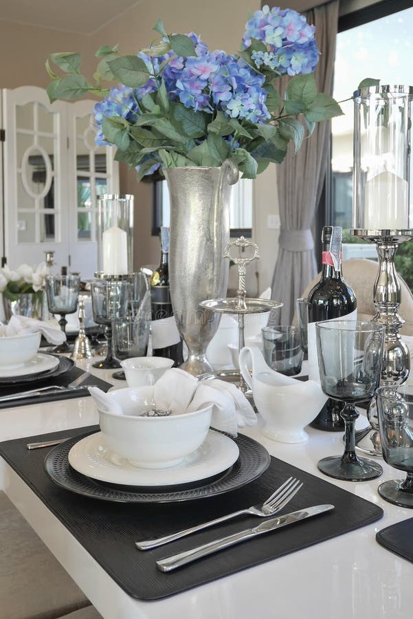 Elegant Table Set on Dining Table in Modern Style Dining Room Stock ...