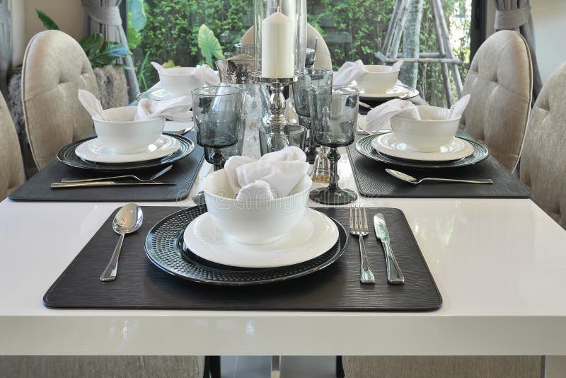 Elegant Table Set on Dining Table in Modern Style Dining Room Stock ...
