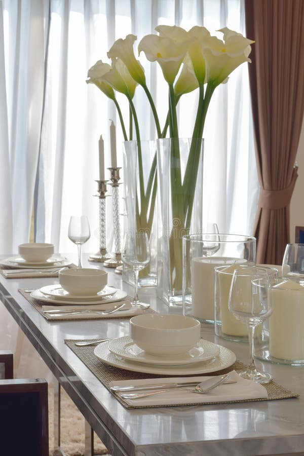 Elegant Table Set on Marble Dining Table in Modern Style Dining Room ...