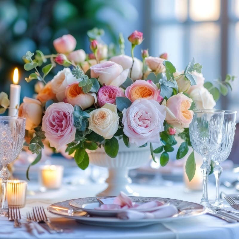 An Elegant Table Setting Adorned with Fresh Roses and Peonies, Perfect ...