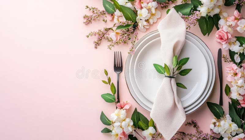 Elegant Table Setting Being Decorated with Flowers for Spring Lunch ...