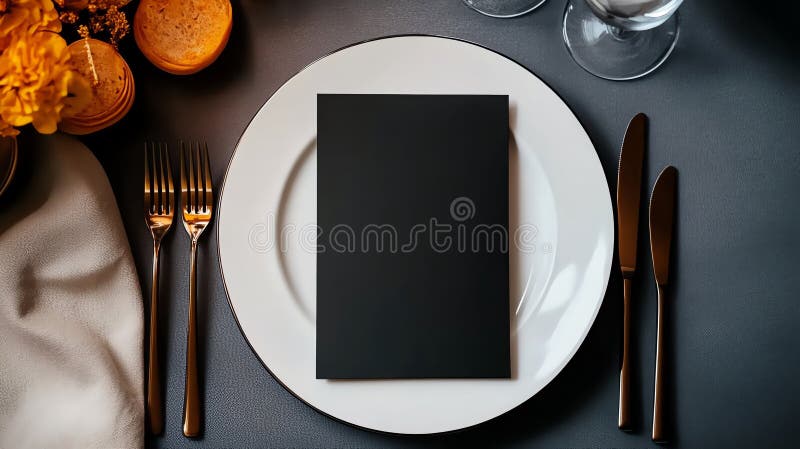 Elegant Table Setting with a Black Menu Card on a White Plate ...