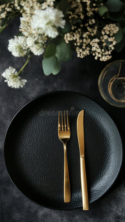 Elegant Table Setting with Black Plate and Golden Cutlery Stock Photo ...