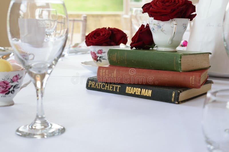Elegant Table Setting with Books and Roses Stock Image - Image of bride ...