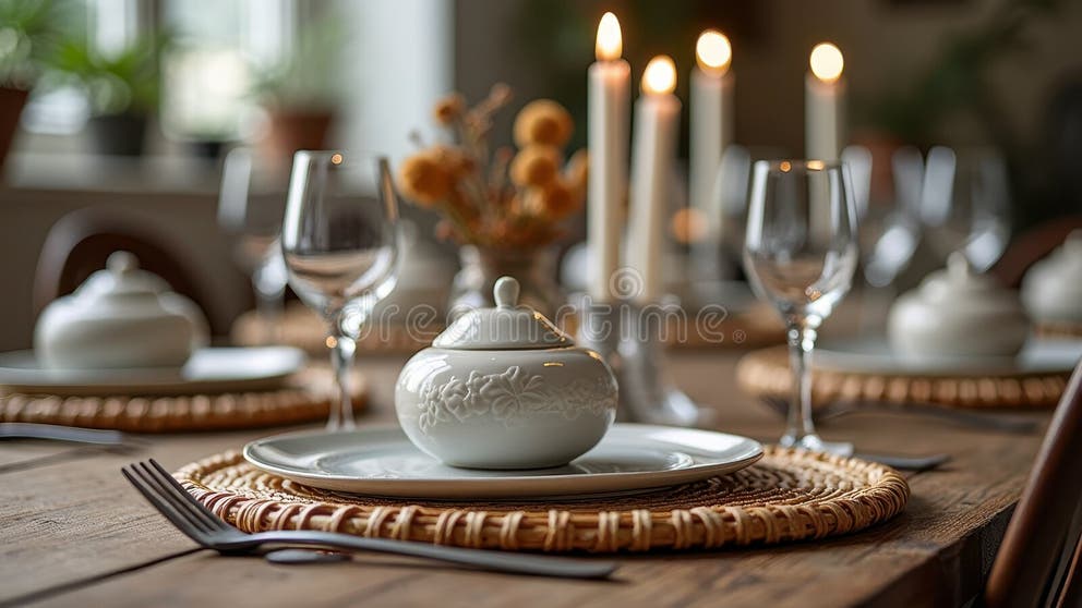 Elegant Table Setting with Candlelight and Porcelain Dinnerware on ...