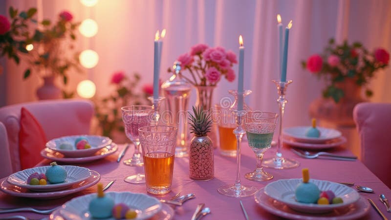 Elegant Table Setting with Candles and Pink Decor at Evening Dinner ...
