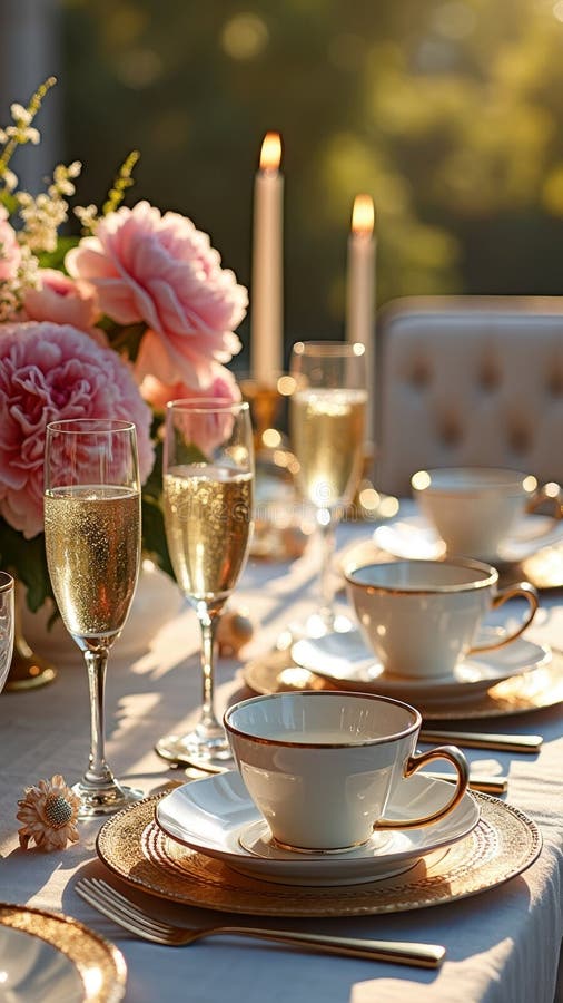 Elegant Table Setting with Champagne and Floral Centerpiece in Sunlit ...