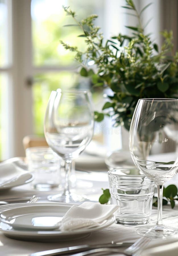 Elegant Table Setting with Clear Glassware and White Plates Stock ...