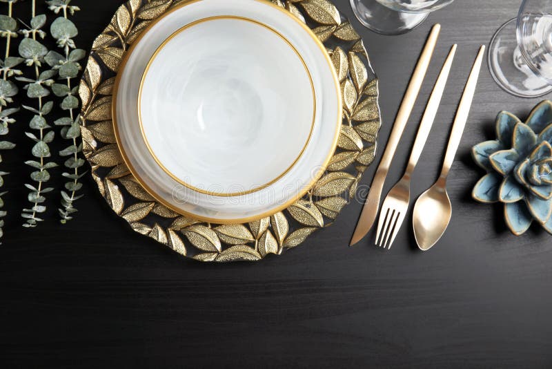 Elegant Table Setting on Dark Background Stock Photo - Image of cutlery ...