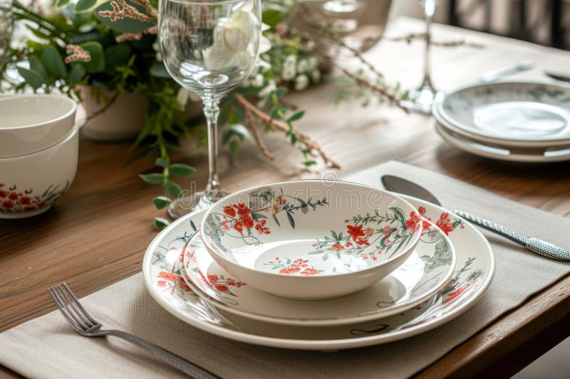 Elegant Table Setting with Delicate Floral Themed Dishes. Generative AI ...
