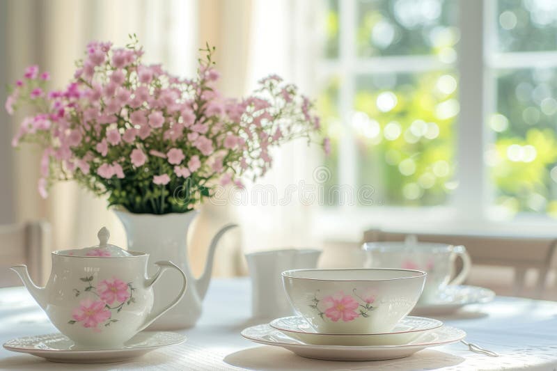 Elegant Table Setting with Delicate Floral Themed Dishes. Generative AI ...