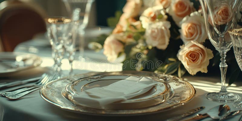 Elegant Table Setting Features Roses, Plates and Glassware for Wedding ...