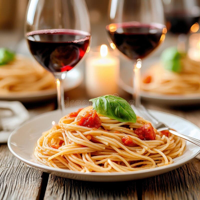 Elegant Table Setting Featuring a Plate of Spaghetti Paired with a ...