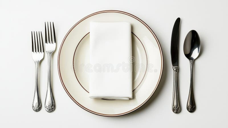 Elegant Table Setting Featuring a White Plate with a Napkin Fork Spoon and Knife on a Clean ...