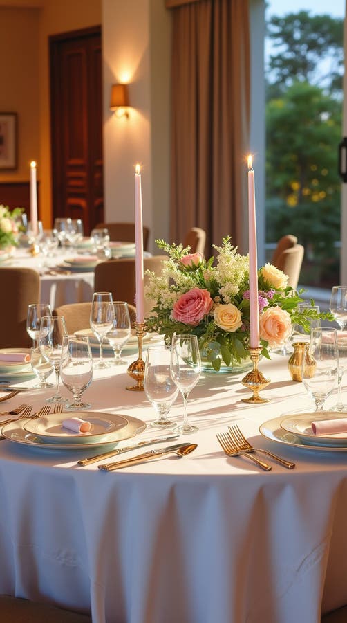 Elegant Table Setting for a Fine Dining Wedding in Reception Hall Stock ...