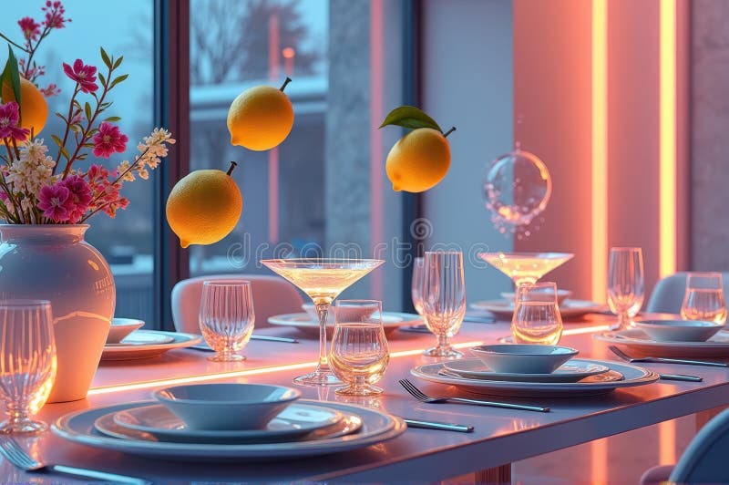 Elegant Table Setting with Floating Lemons and Glasses in Modern ...