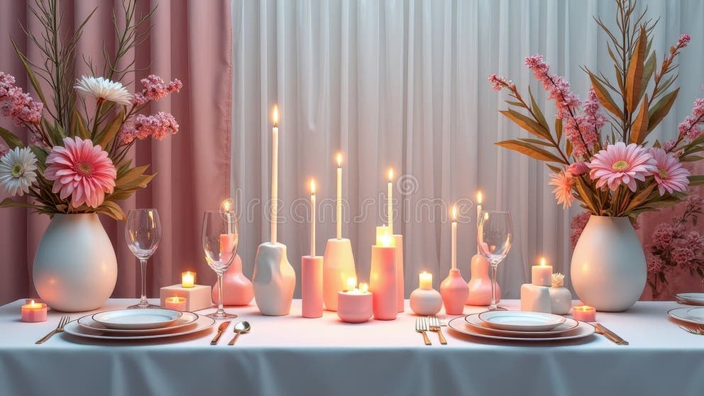 Elegant Table Setting with Floral Arrangement and Candlelit Ambience ...