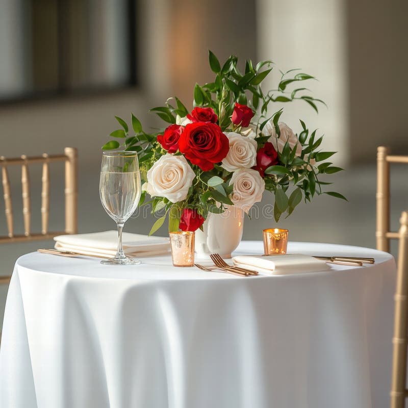Elegant Table Setting with Floral Centerpiece of Red and White Roses ...