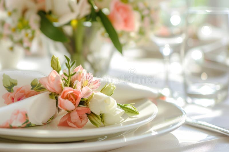 Elegant Table Setting with Floral Themed Napkins. Generative AI Stock ...