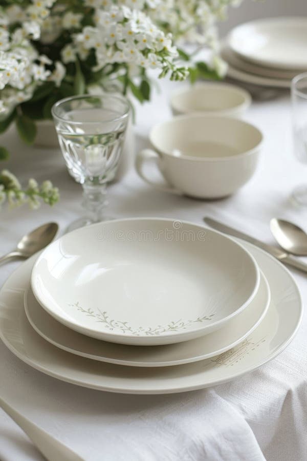Elegant Table Setting for a Formal Dinner with White Porcelain Dishware ...