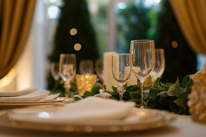 Elegant Table Setting with Glassware and Greenery at a Formal Event ...