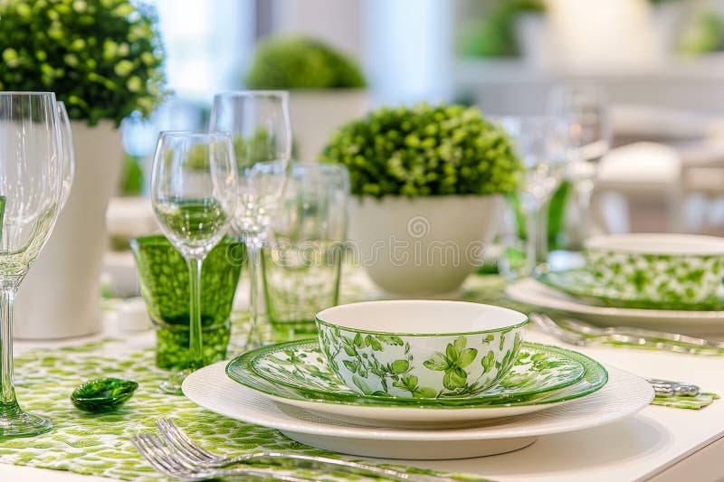 Elegant Table Setting with Green and White Dinnerware and Decorative ...