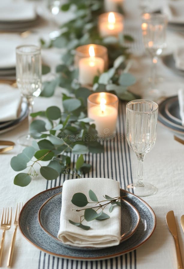 Elegant Table Setting with Greenery and Candles for a Special Dining ...