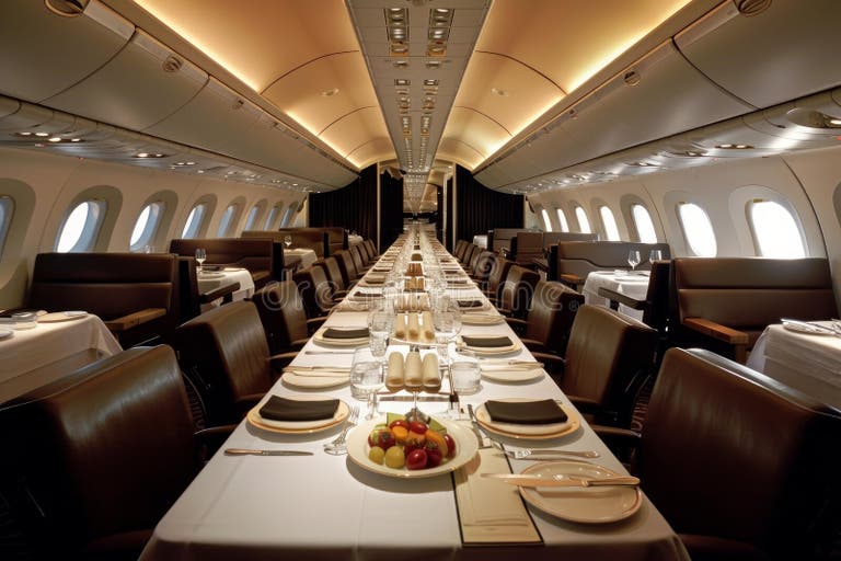 Elegant Table Setting Inside Airplane Cabin for First Class Passengers ...