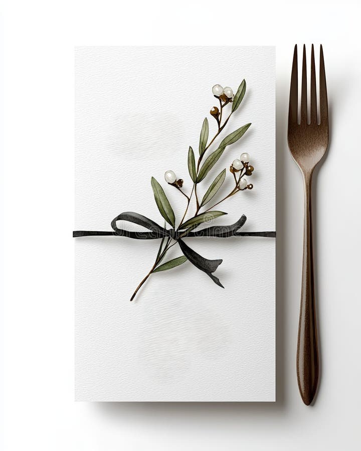 Elegant Table Setting with a Menu Card Adorned with Greenery and a Fork ...