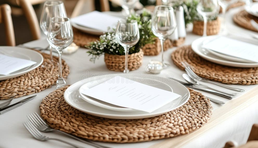 Elegant Table Setting with Menu on Plates at Restaurant Stock Image ...